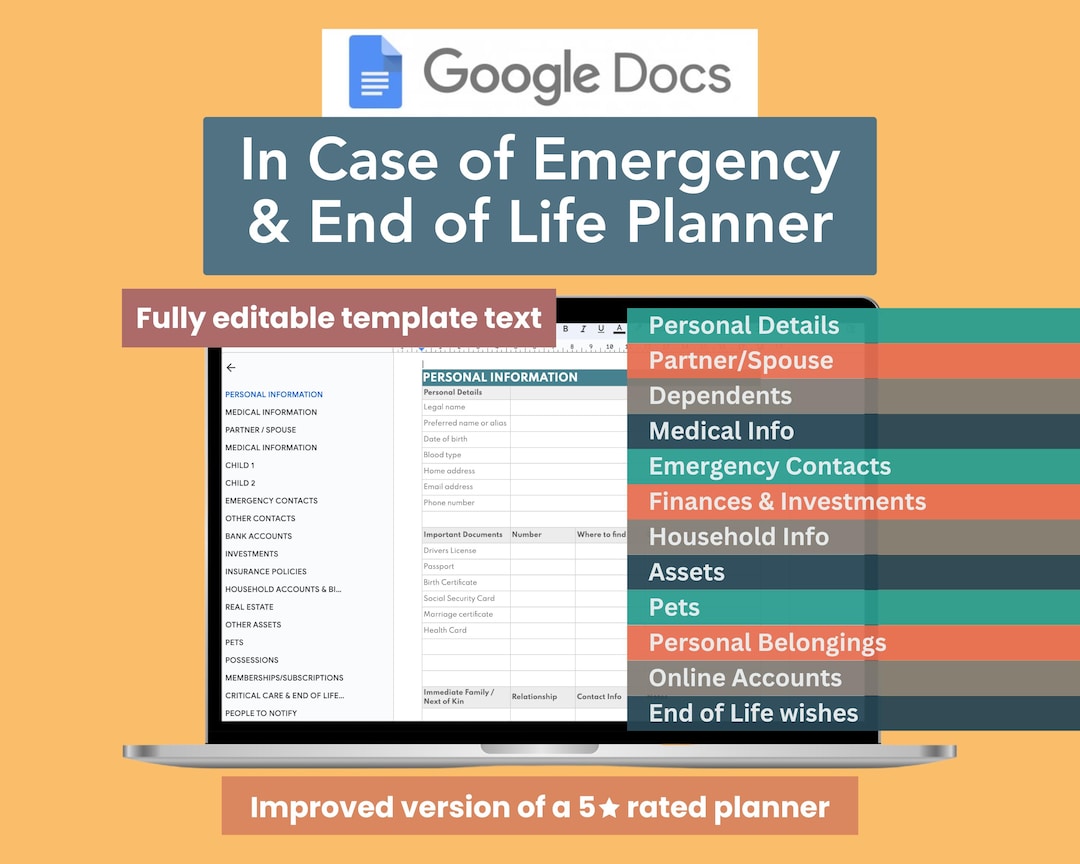Comprehensive in Case of Emergency & End of Life Planner Google Docs ...