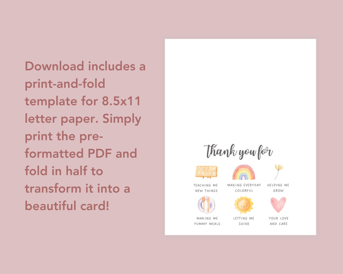 Printable Thank You Card for Daycare Teacher, Preschool, Nursery, Nanny ...
