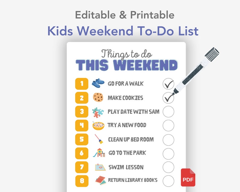 Kids Weekend Activity Checklist & Family Weekend Planner, Customizable ...