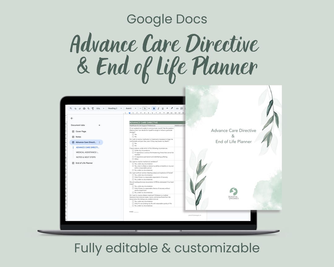 End of Life Planner & Advance Care Directive Editable Google Docs End ...