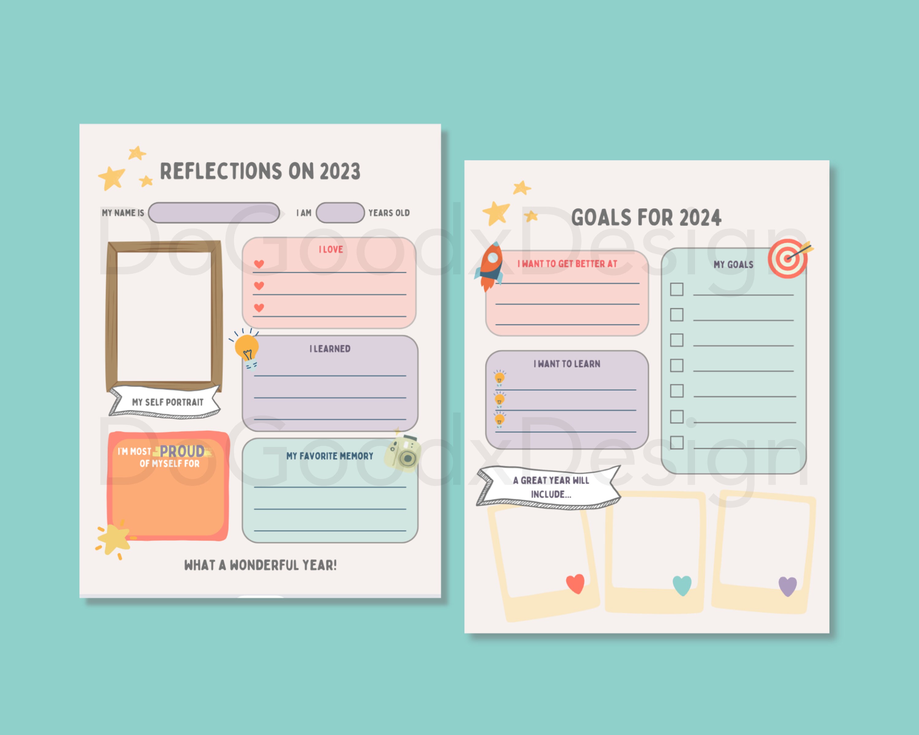 Kids New Years Goals & End of Year Reflections Printable 2024 New Years ...