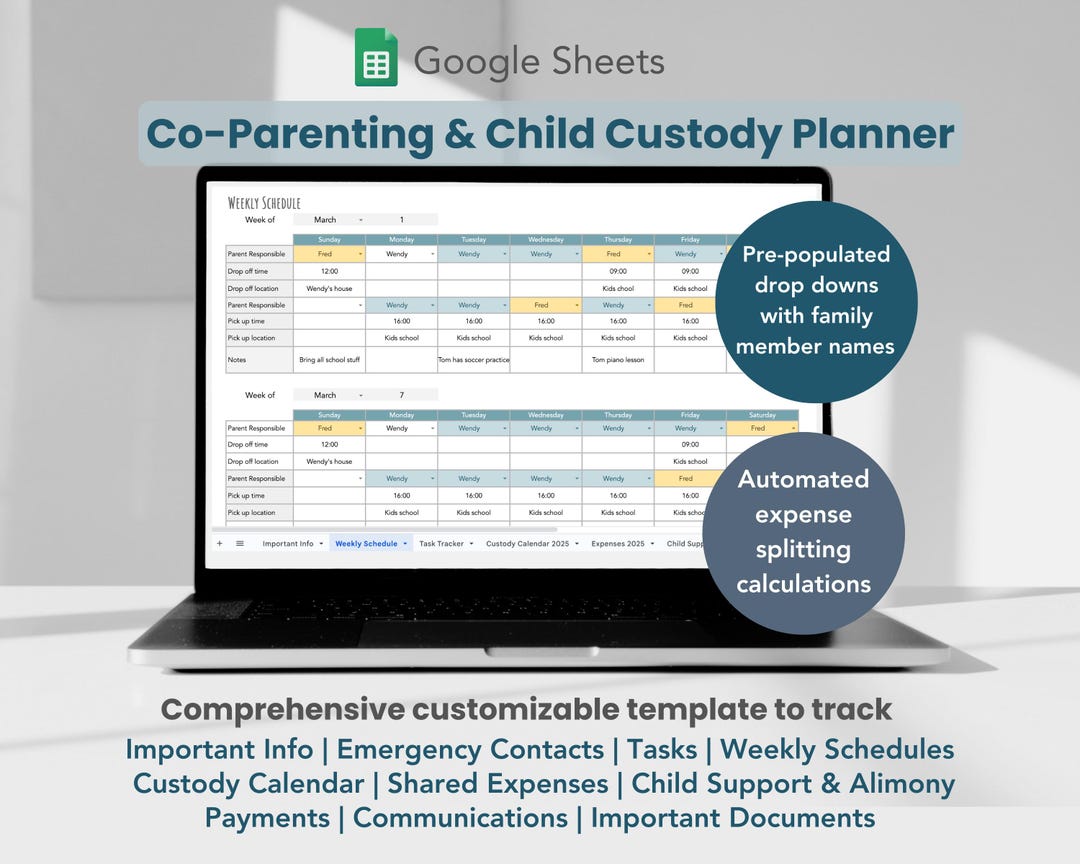 Co-parenting Planner in Google Sheets | Child Custody, Shared Expenses ...