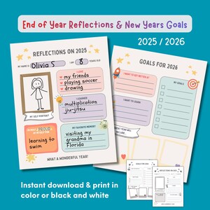 Kids New Years Goals & End of Year Reflections, Printable 2025 New ...