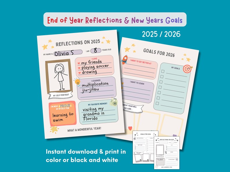 Kids New Years Goals & End of Year Reflections, Printable 2025 New ...