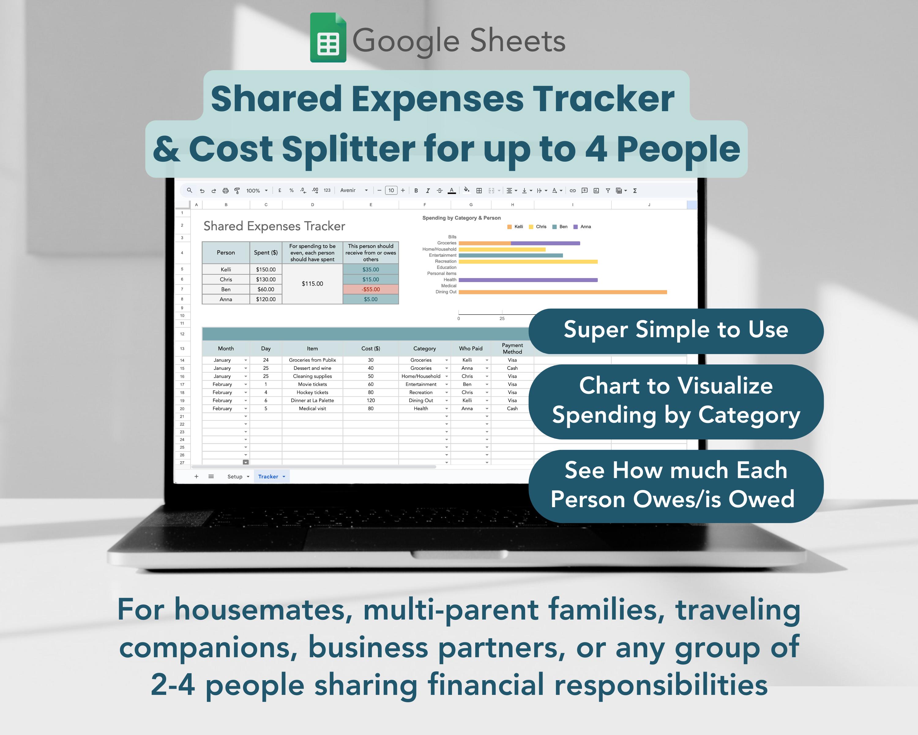 Shared Expenses Tracker & Cost Splitter up to 4 People | Google Sheets ...