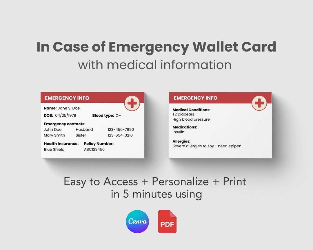 In Case of Emergency Wallet Card, Printable Emergency ID, Medical Information Card, Edit and ...