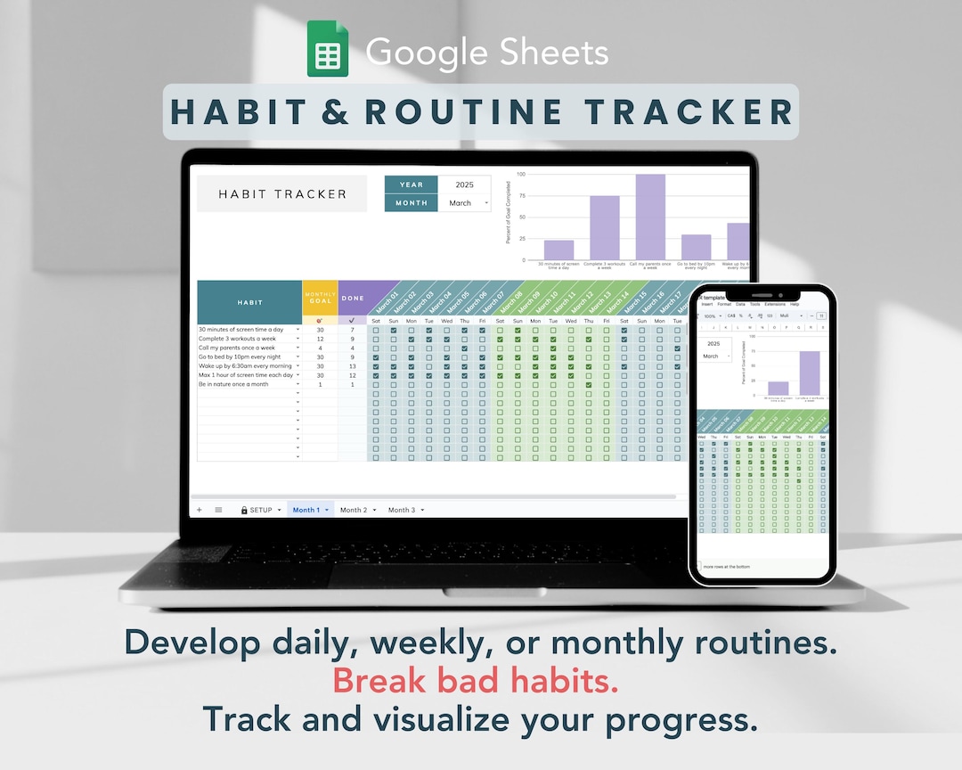 Habit & Routine Tracker Google Sheets Template | Set Goals, Break Bad ...