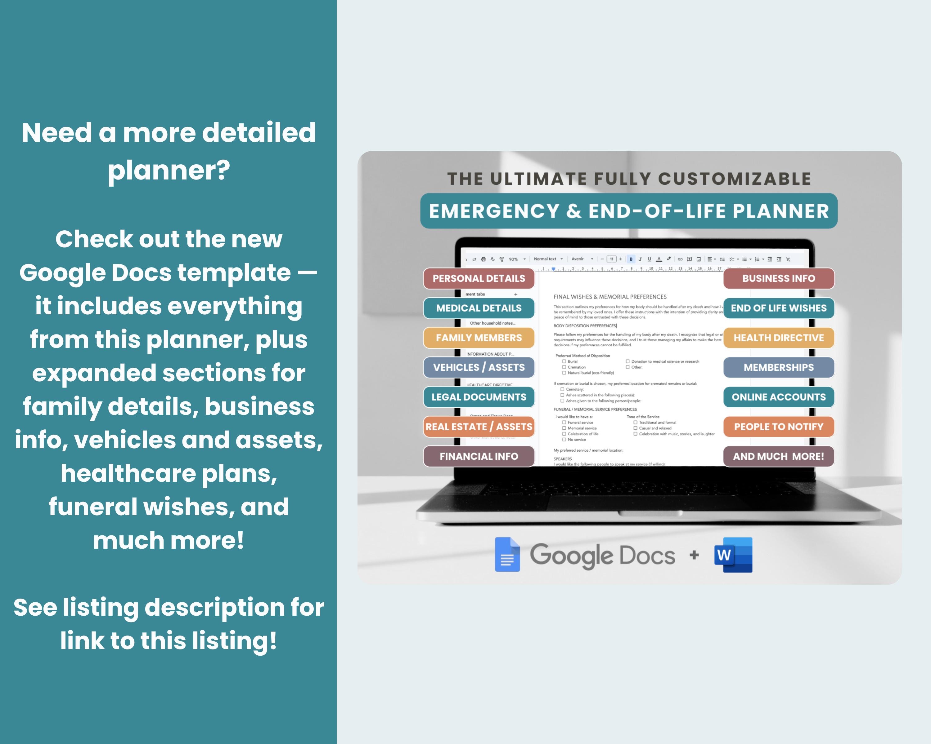 Comprehensive in Case of Emergency & End of Life Planner Google Docs ...