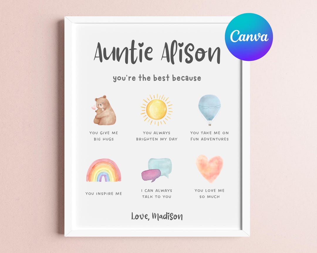 Printable Personalized Gift for Aunt, Cute Customizable Card for Aunt ...