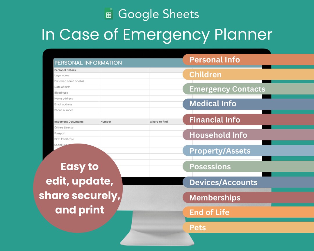 In Case of Emergency Planner Google Sheets Template Customizable ...