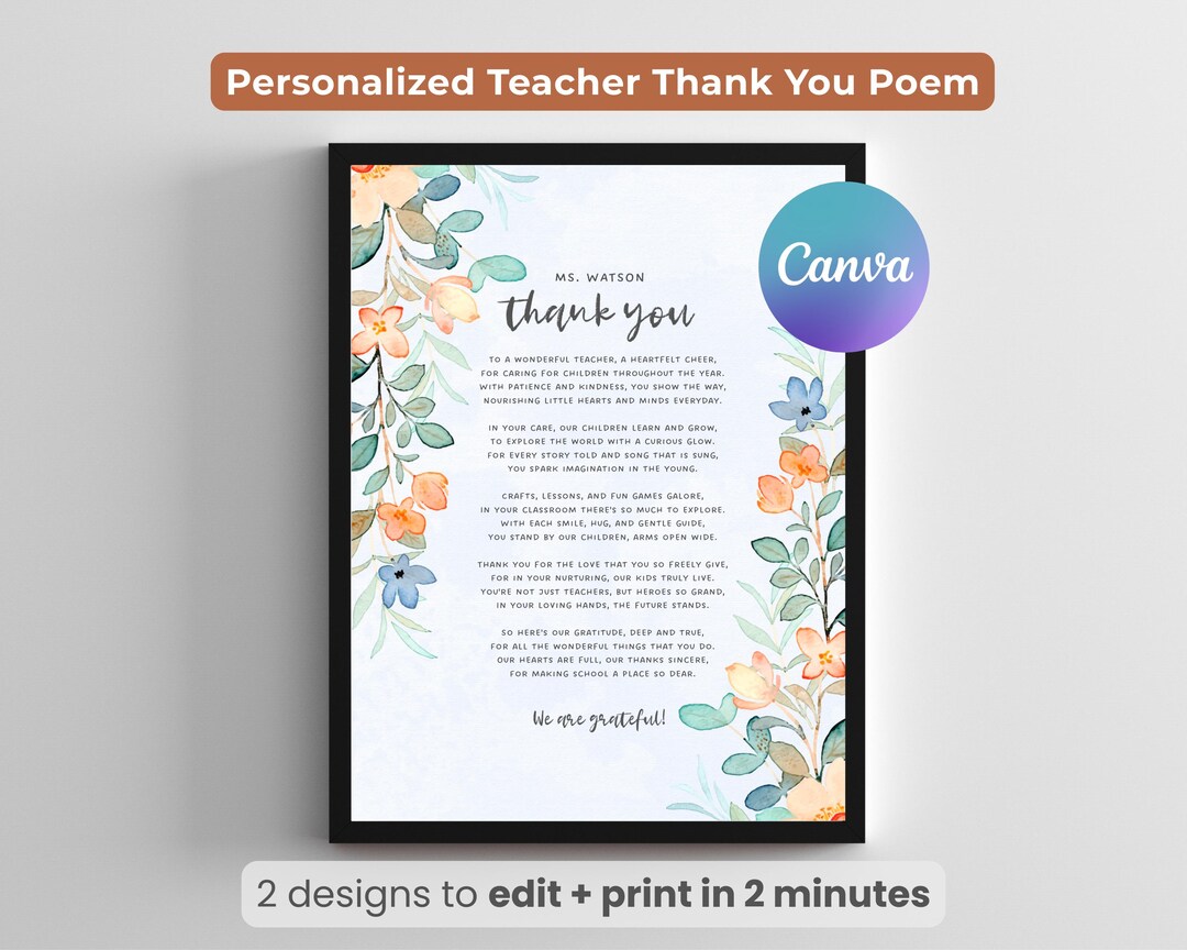 Personalized Teacher Thank You Poem - Editable Canva Template (2 ...