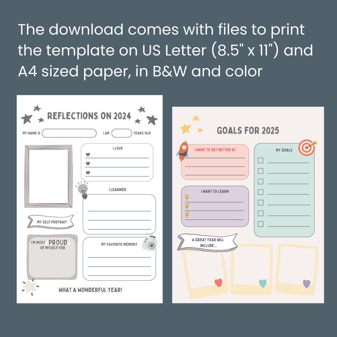 Kids New Years Goals & End of Year Reflections, Printable 2025 New ...