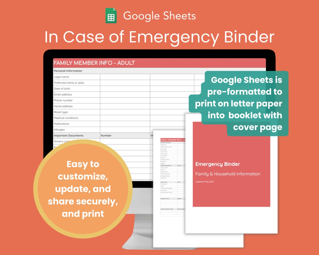In Case of Emergency Planner Google Sheets Editable Printable Template ...