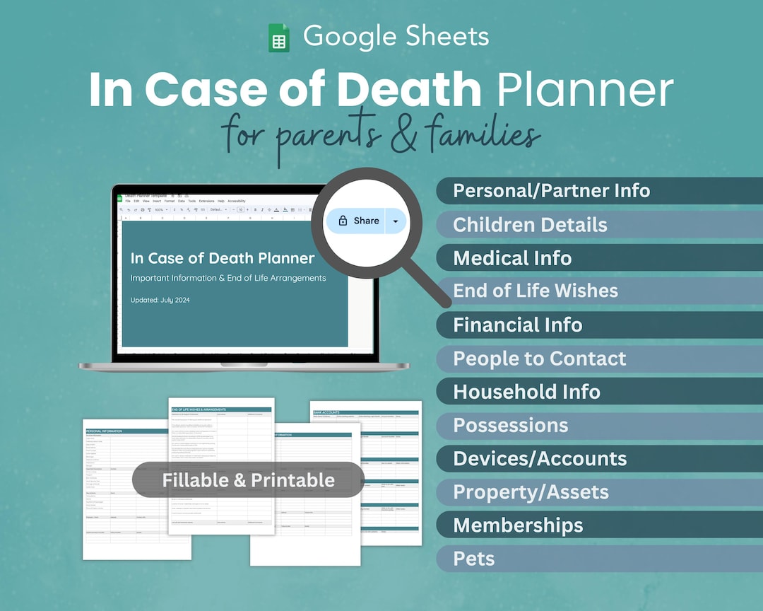 In Case of Death Planner Google Sheets End of Life Planner, Fillable ...
