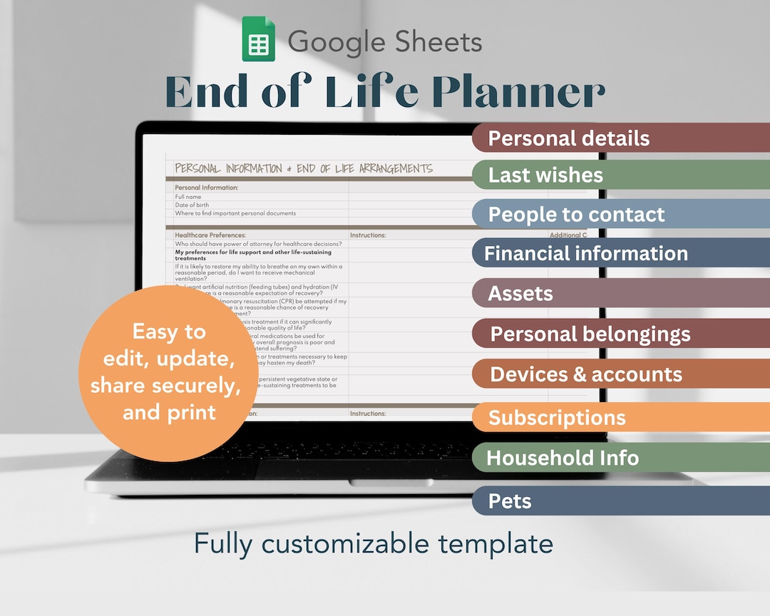 End of Life Planner - Google Sheets Template for Last Wishes, End of ...