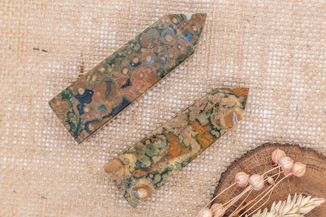 Polished Ajooba Jasper Tip, Azubalite Obelisk, Polished Pistachio ...