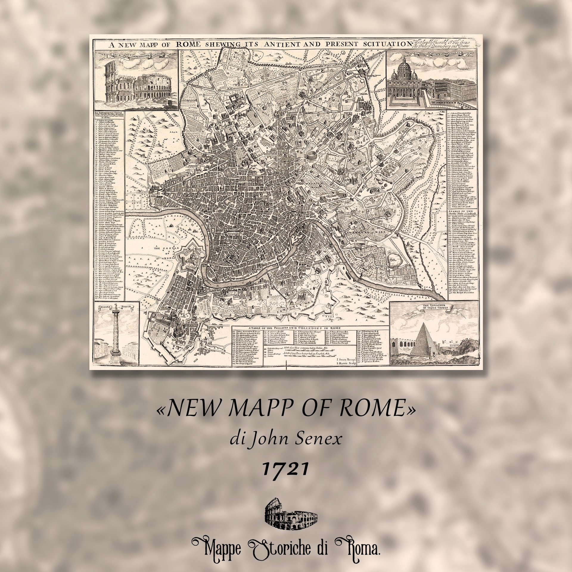 Large Format Map of Rome Historical Map of Senex From 1721 10 Materials ...