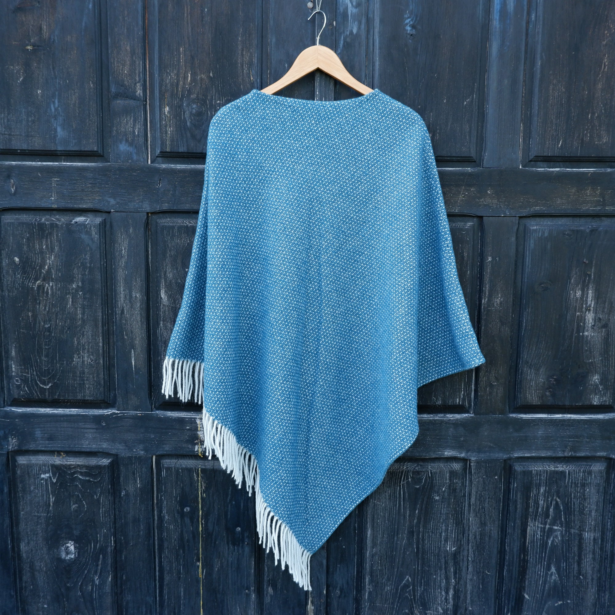 Blue Merino Wool Blanket Poncho With Hood Blue - Kiruna - Hooded Cape ...
