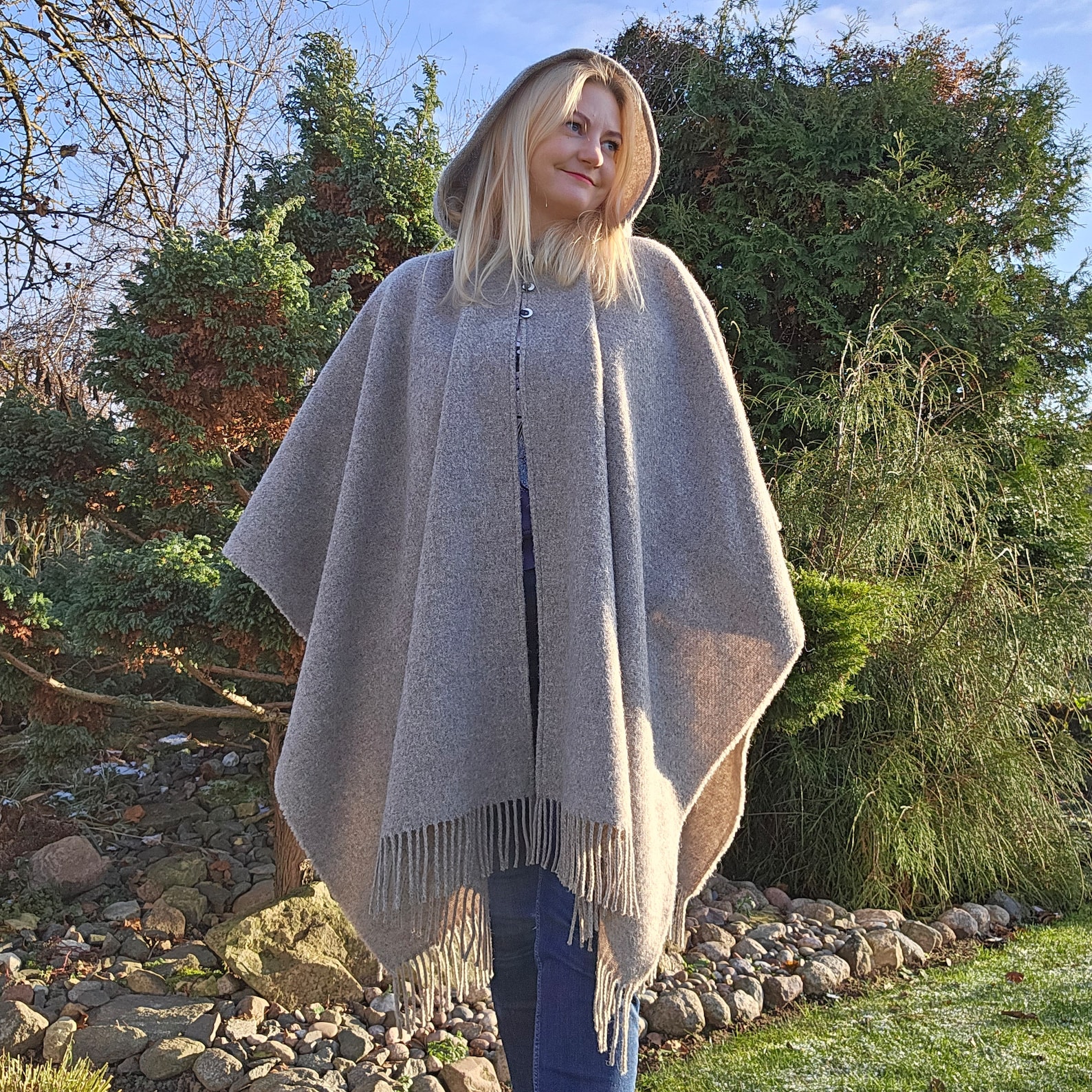 Wool Blanket Poncho With Hood - Grey or Green Herringbone SALA - Unisex ...