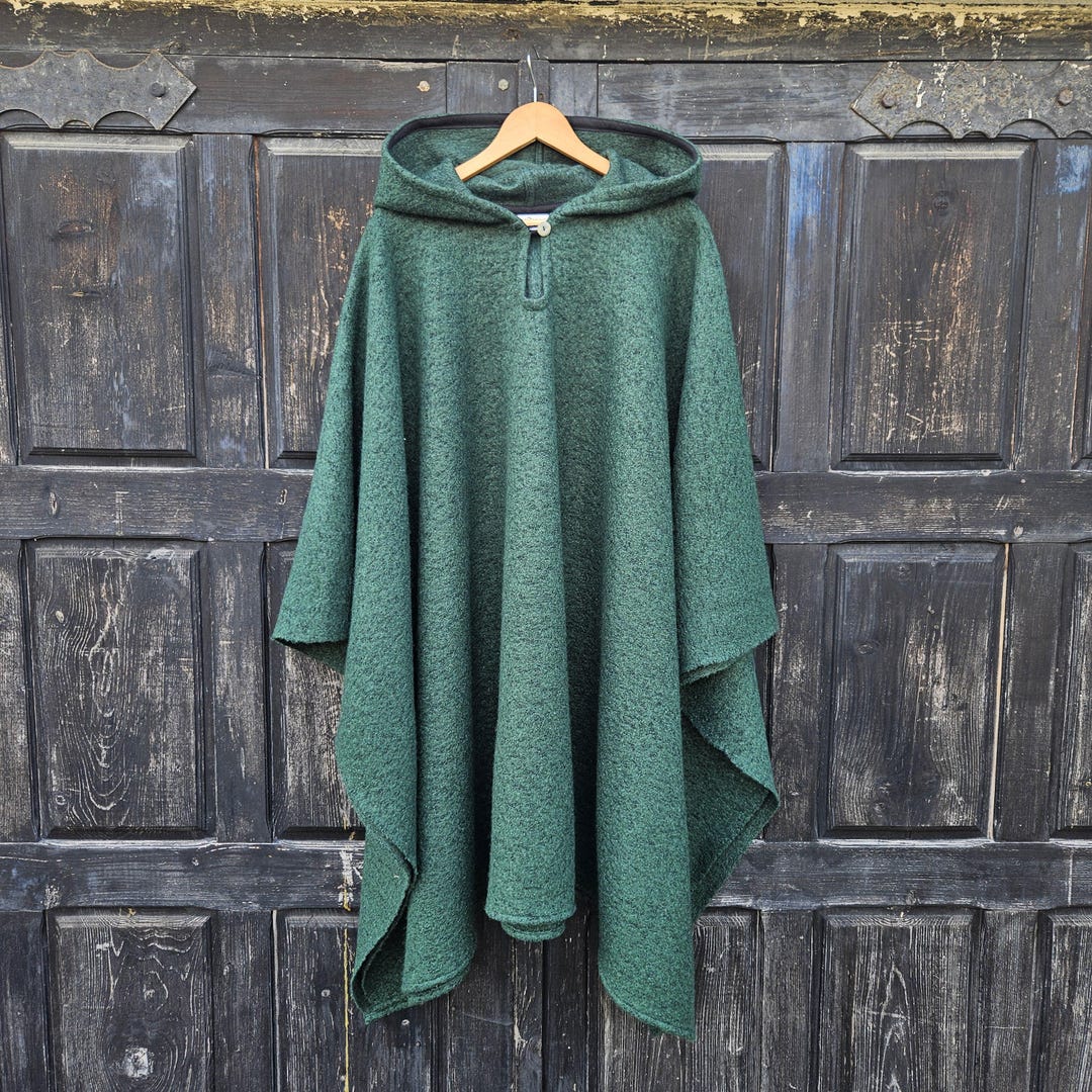 Wool Poncho OLAND - Unisex Ruana Cape Green Wool Blanket Poncho With or ...