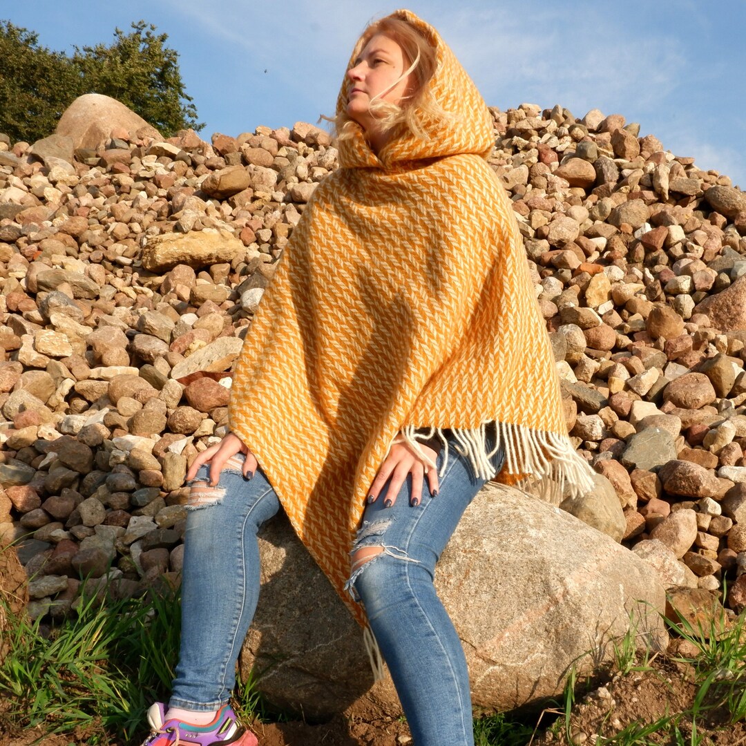 Yellow Wool Blanket Poncho With Hood - Kiruna - Hooded Cape Ruana With ...