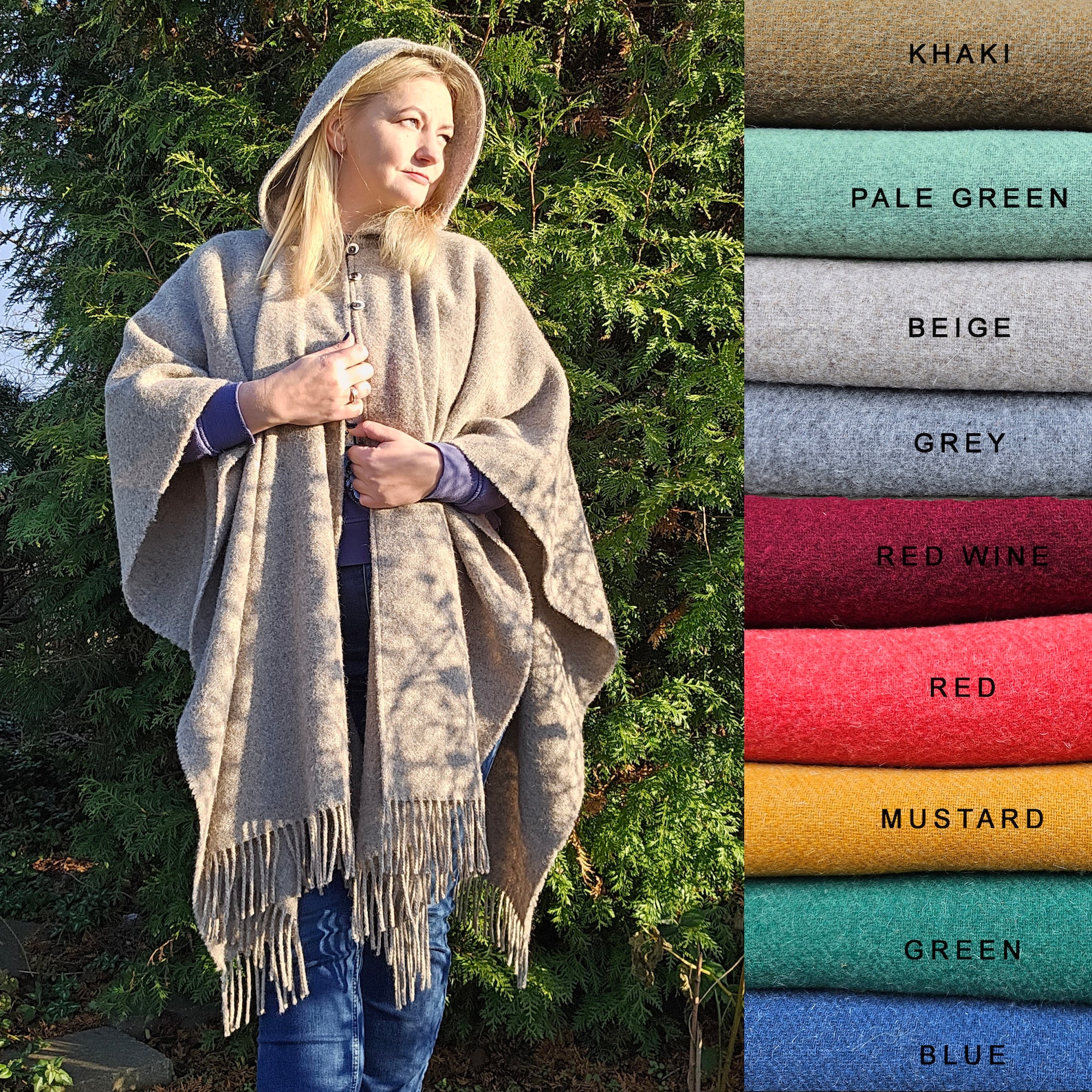 Wool Blanket Poncho With Hood - Grey or Green Herringbone SALA - Unisex ...