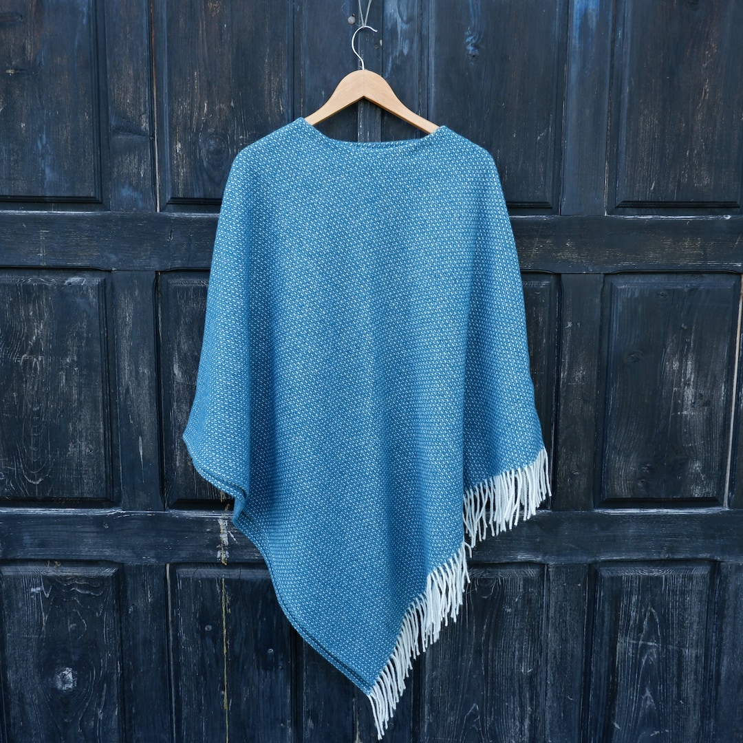 Blue Merino Wool Blanket Poncho With Hood Blue - Kiruna - Hooded Cape ...