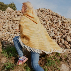 Yellow Wool Blanket Poncho With Hood - Kiruna - Hooded Cape Ruana With ...