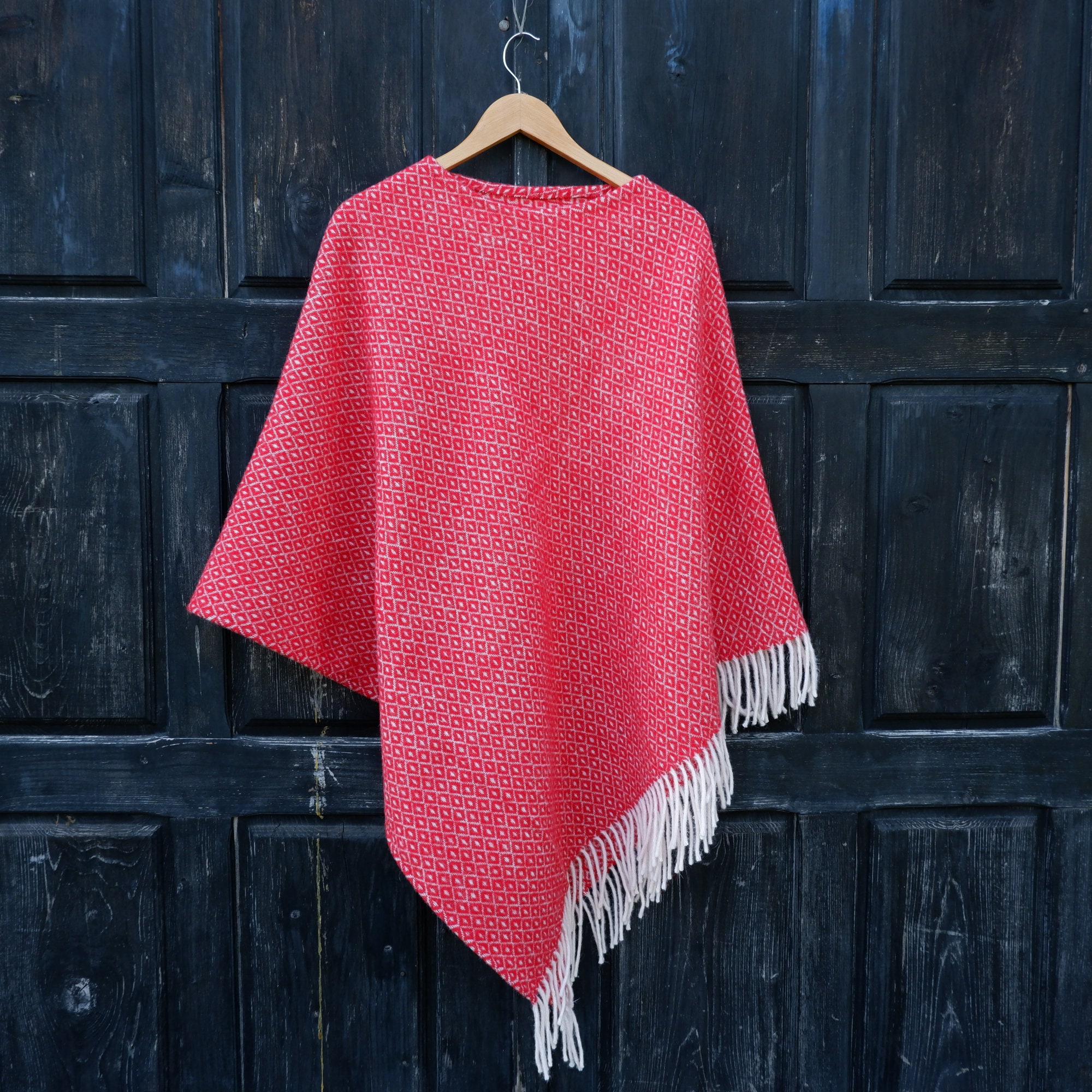 Red Wool Blanket Poncho With Hood Kiruna Hooded Cape Ruana With Fringes ...