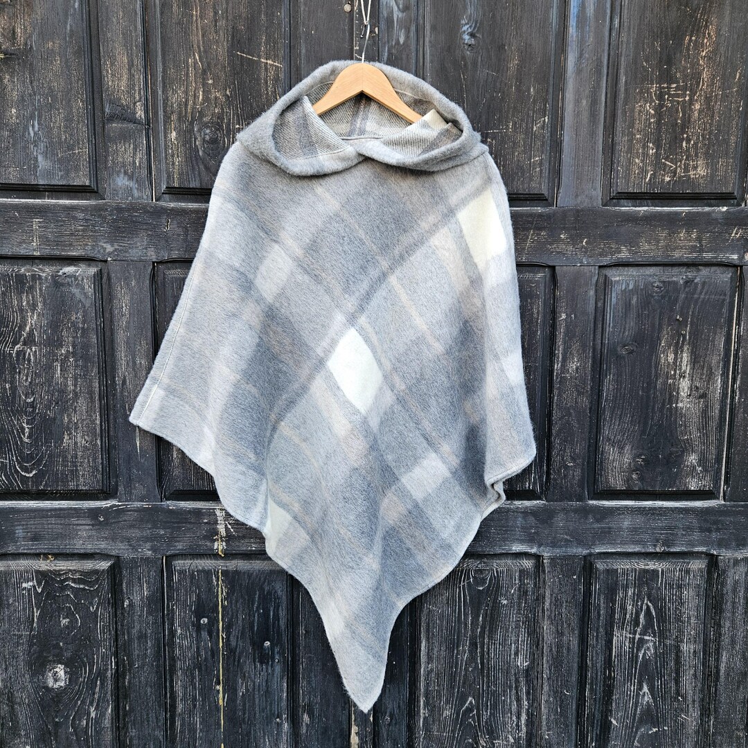 Grey Plaid WOOL Poncho With Hood: Gingham Cape Ruana - Etsy