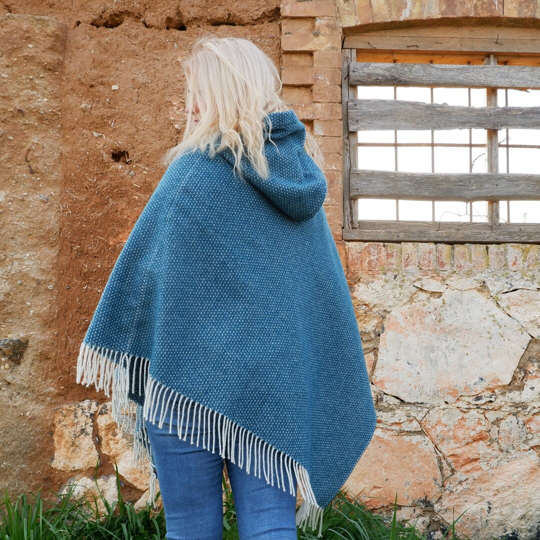 Blue Merino Wool Blanket Poncho With Hood Blue - Kiruna - Hooded Cape ...