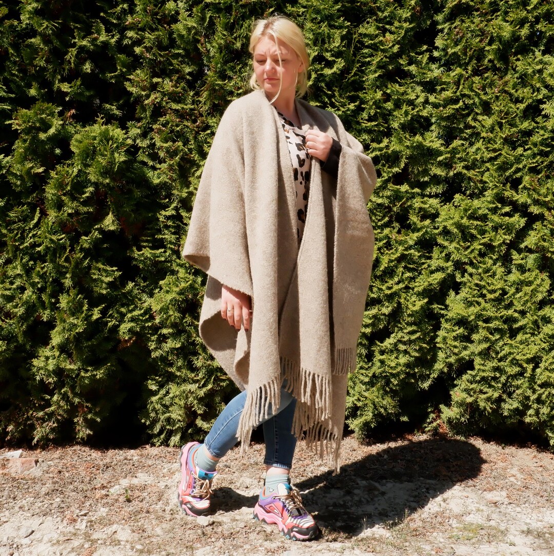 Beige Wool PONCHO UMEA Wool WRAP Stole, Comfortable Wool Cape Poncho ...