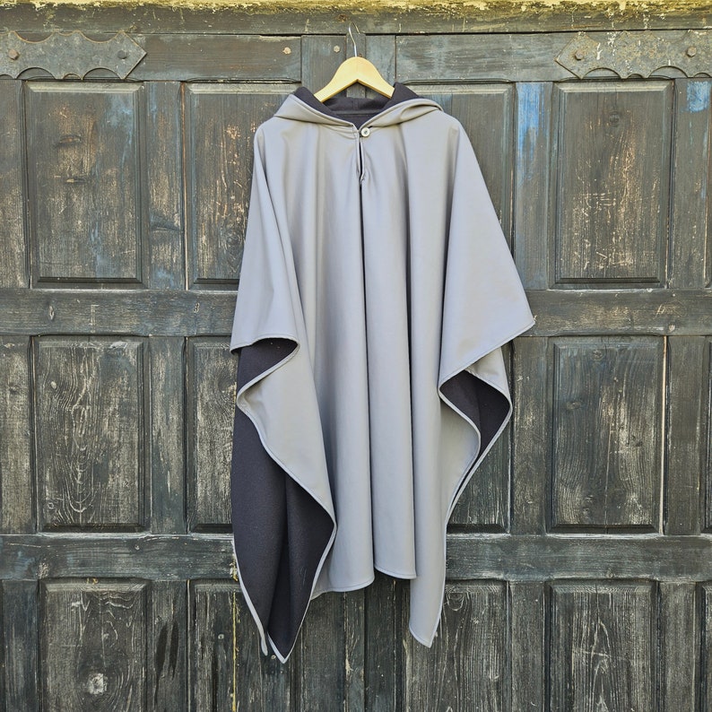 Rain Poncho OLAND Unisex Ruana Cape Waterproof Grey Poncho With Hood ...