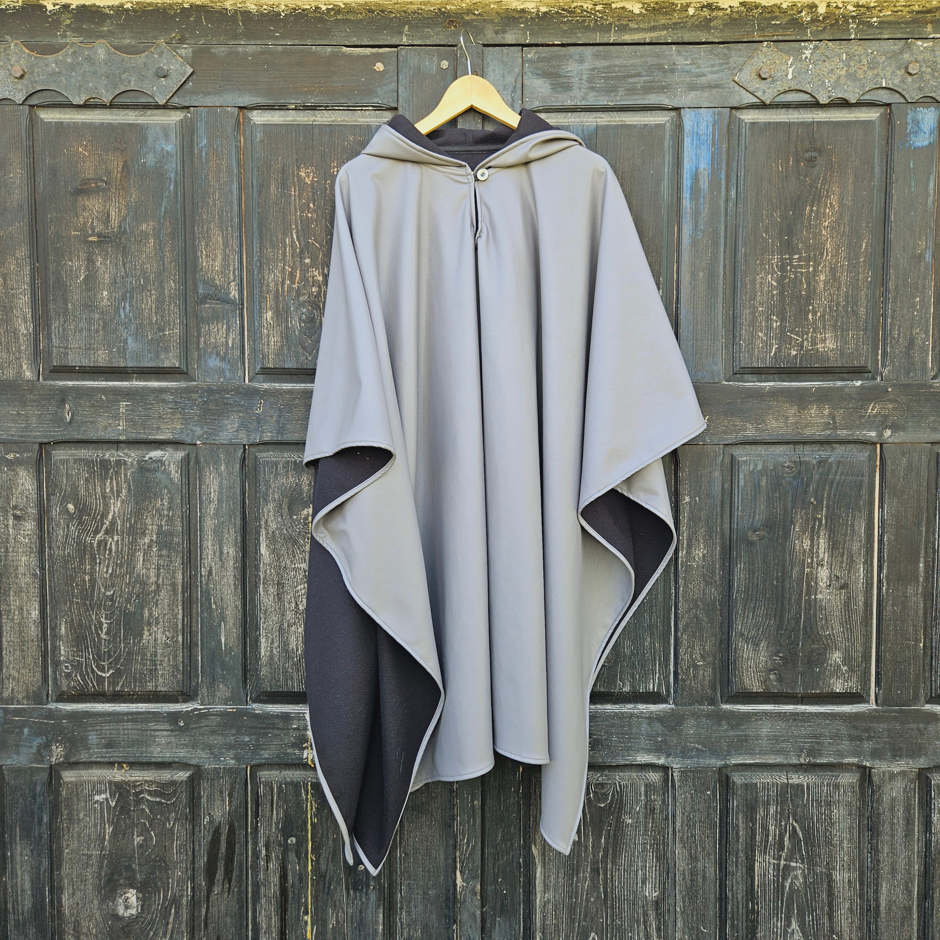 Rain Poncho OLAND Unisex Ruana Cape Waterproof Grey Poncho With Hood ...