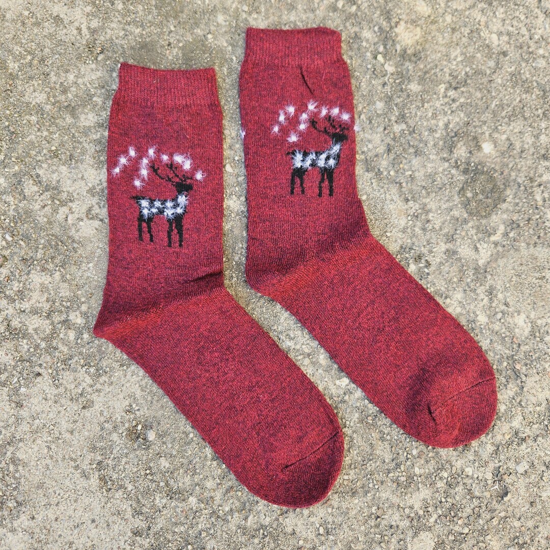 Thin MERINO WOOL Socks - Red With Reindeer - Size EUR 35-38 39-42 ...