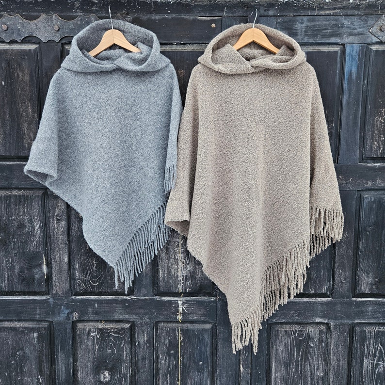 Beige Wool Blanket Poncho With Hood - Kiruna - Grey Hooded Cape Ruana ...