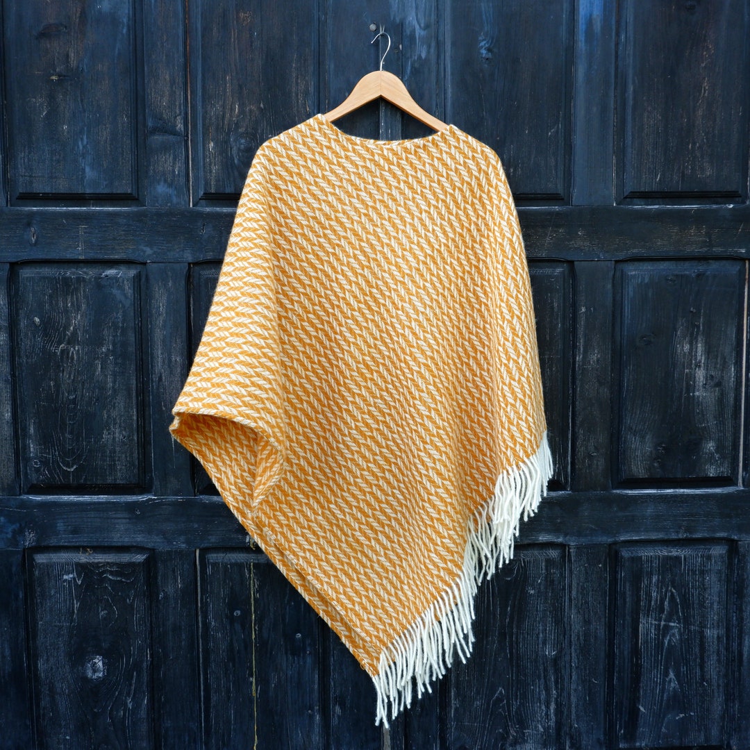 Yellow Wool Blanket Poncho With Hood - Kiruna - Hooded Cape Ruana With ...