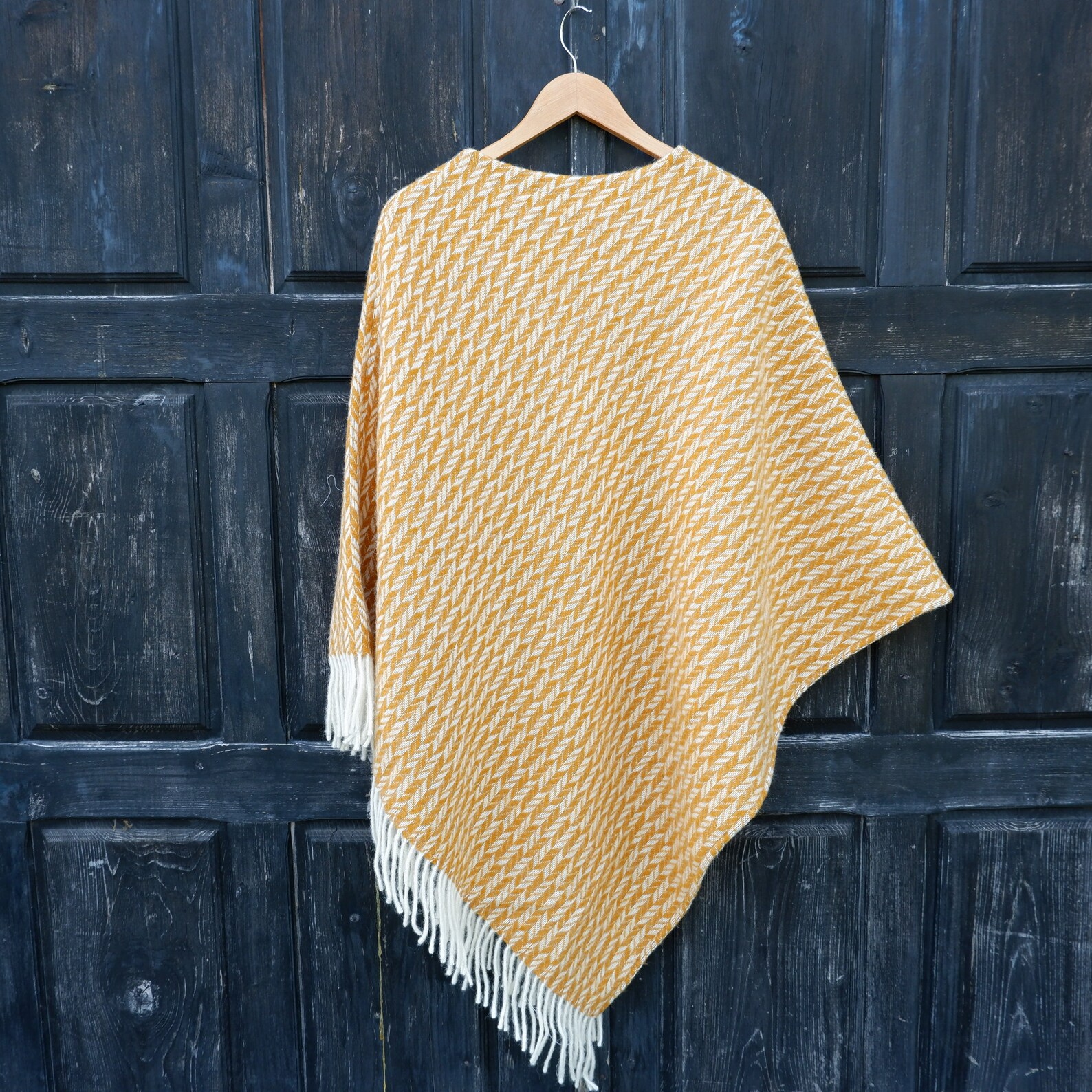 Yellow Wool Blanket Poncho With Hood - Kiruna - Hooded Cape Ruana With ...