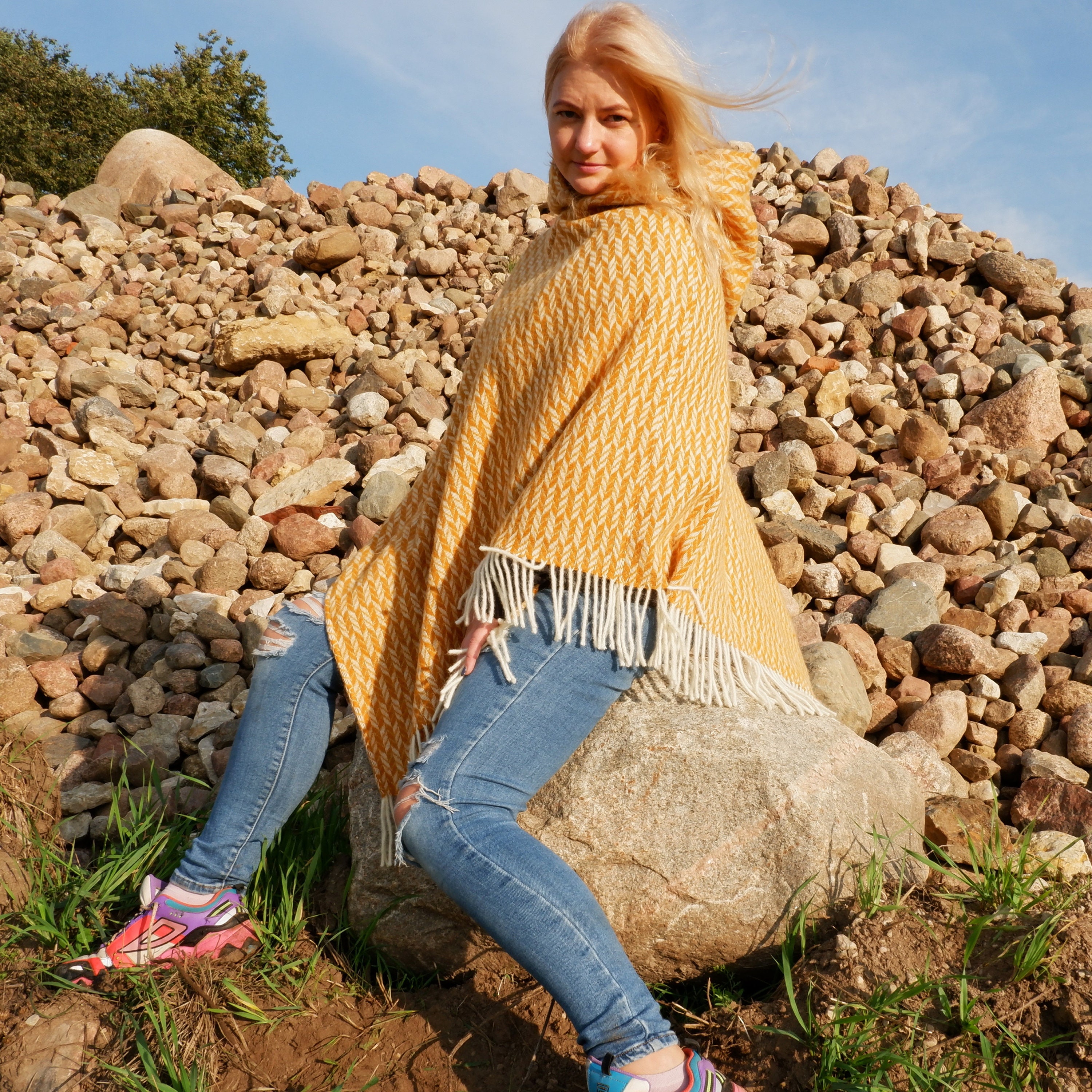 Yellow Wool Blanket Poncho With Hood - Kiruna - Hooded Cape Ruana With ...