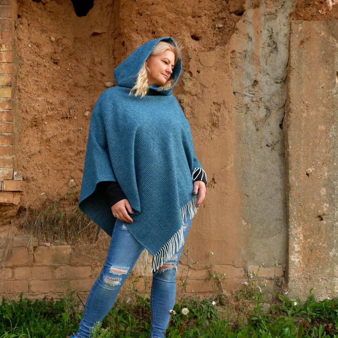 Blue Merino Wool Blanket Poncho With Hood Blue - Kiruna - Hooded Cape ...