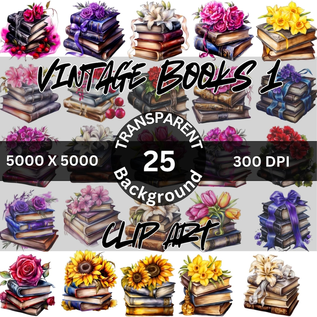 Vintage Floral Books Clipart: Antique Book Stack PNG Bundle (digital ...