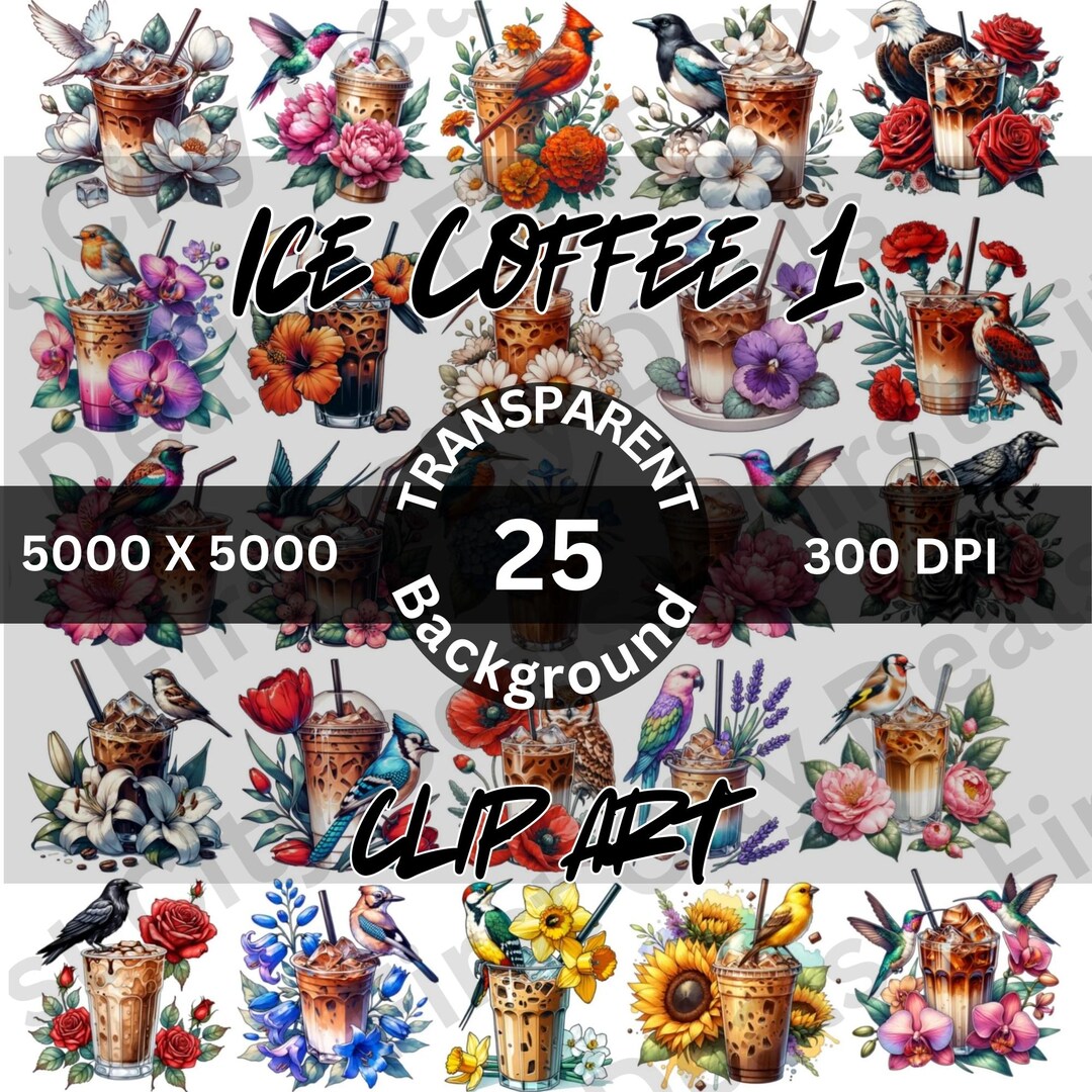 Iced Coffee Clipart Bundle One, Watercolor Clipart, Floral Iced Coffee ...