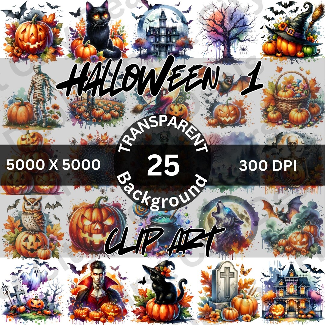 Whimsical Halloween Clipart Bundle: Witch, Ghost, Bat PNG (digital ...