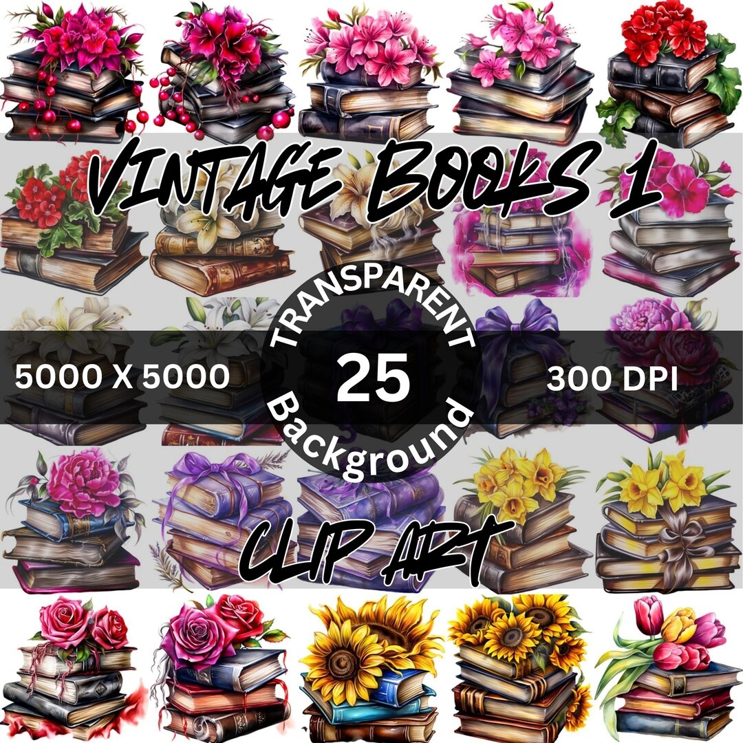 Floral Vintage Books Clipart Bundle: Antique Book Stack PNG (digital ...