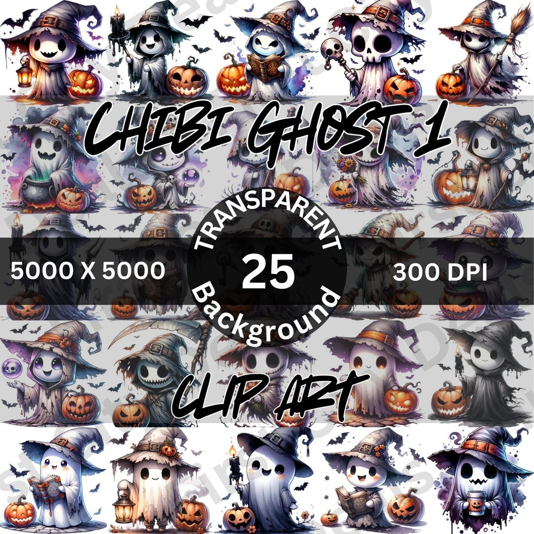 Cute Chibi Halloween Ghosts Clipart PNG Set - Transparent Background ...