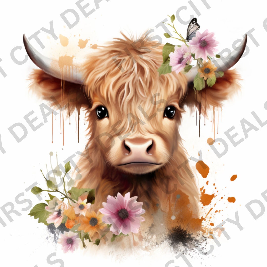 Watercolor Highland Cow Clipart: Baby Shower PNG, PSD (digital Download ...