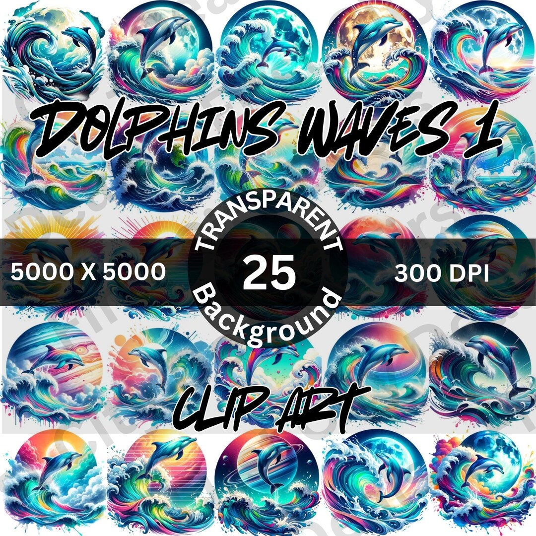 Dolphin Clipart Bundle: Tropical Sunset Ocean Waves PNG (commercial Use ...
