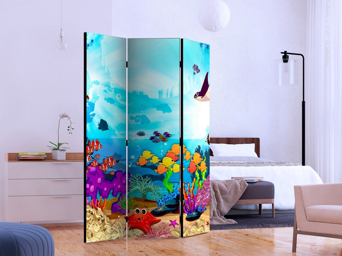 Screen Underwater World / Room Divider / Printed on Both Sides / Wooden ...