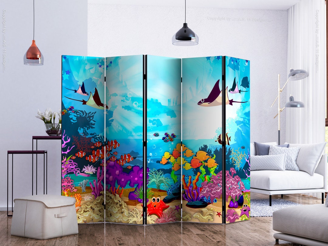 Screen Underwater World / Room Divider / Printed on Both Sides / Wooden ...