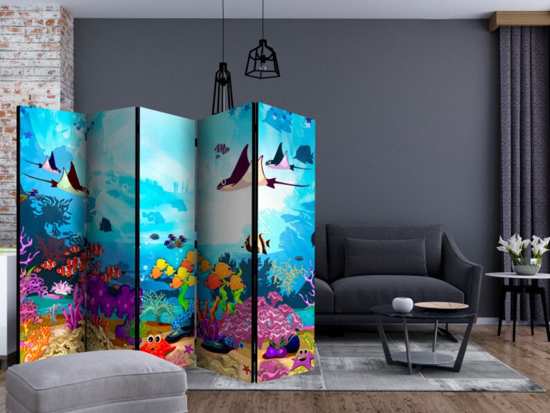 Screen Underwater World / Room Divider / Printed on Both Sides / Wooden ...